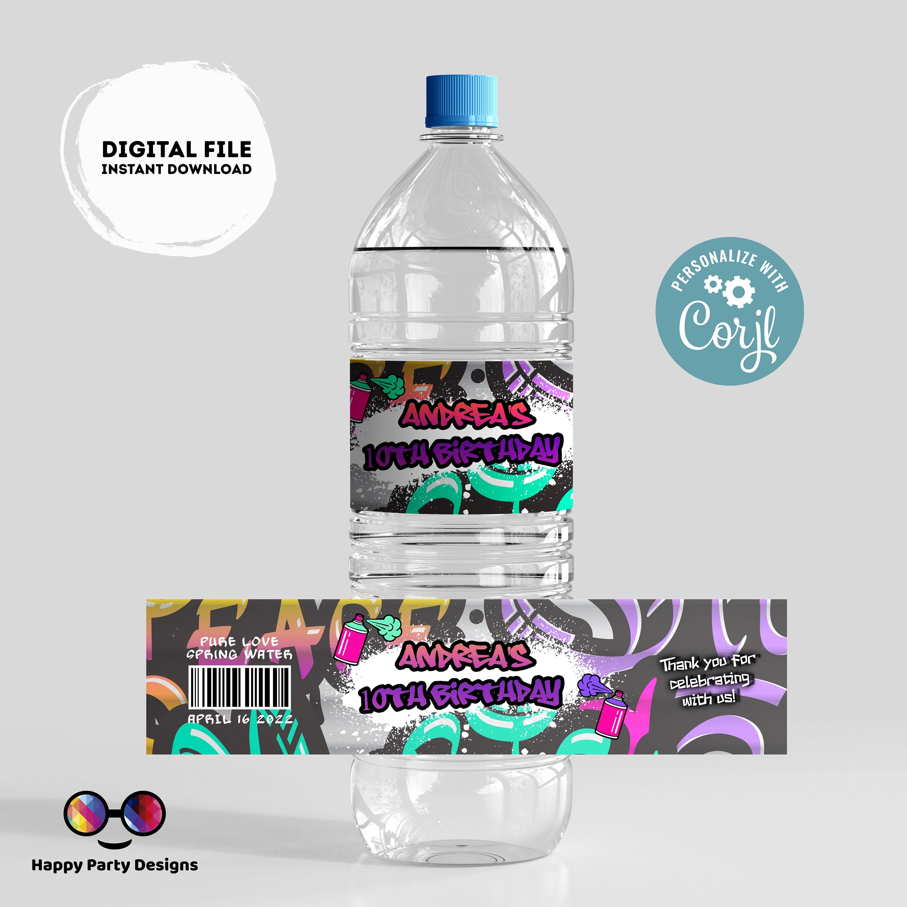 Editable Graffiti water bottle labels | digital labels | printable gra ...