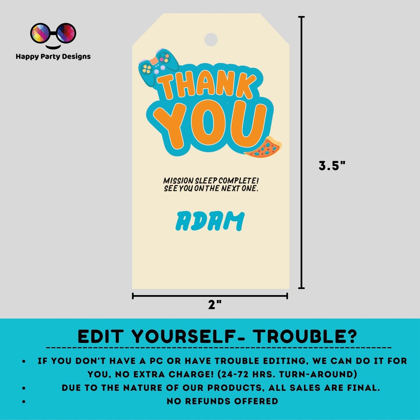 Editable sleepover Birthday Thank You Gift Tags | Slumber Birthday Par ...